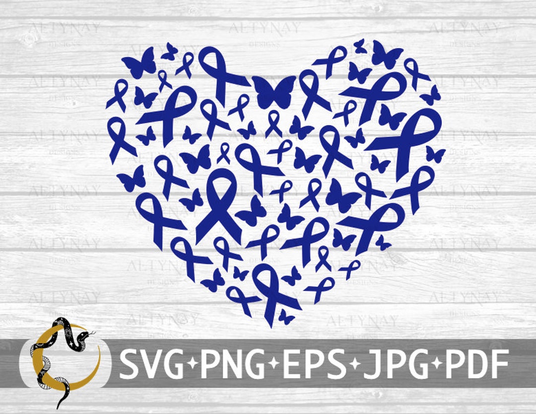 Colon Cancer Butterfly Heart Ribbon SVG, Ribbon Dark Blue SVG, Colon ...
