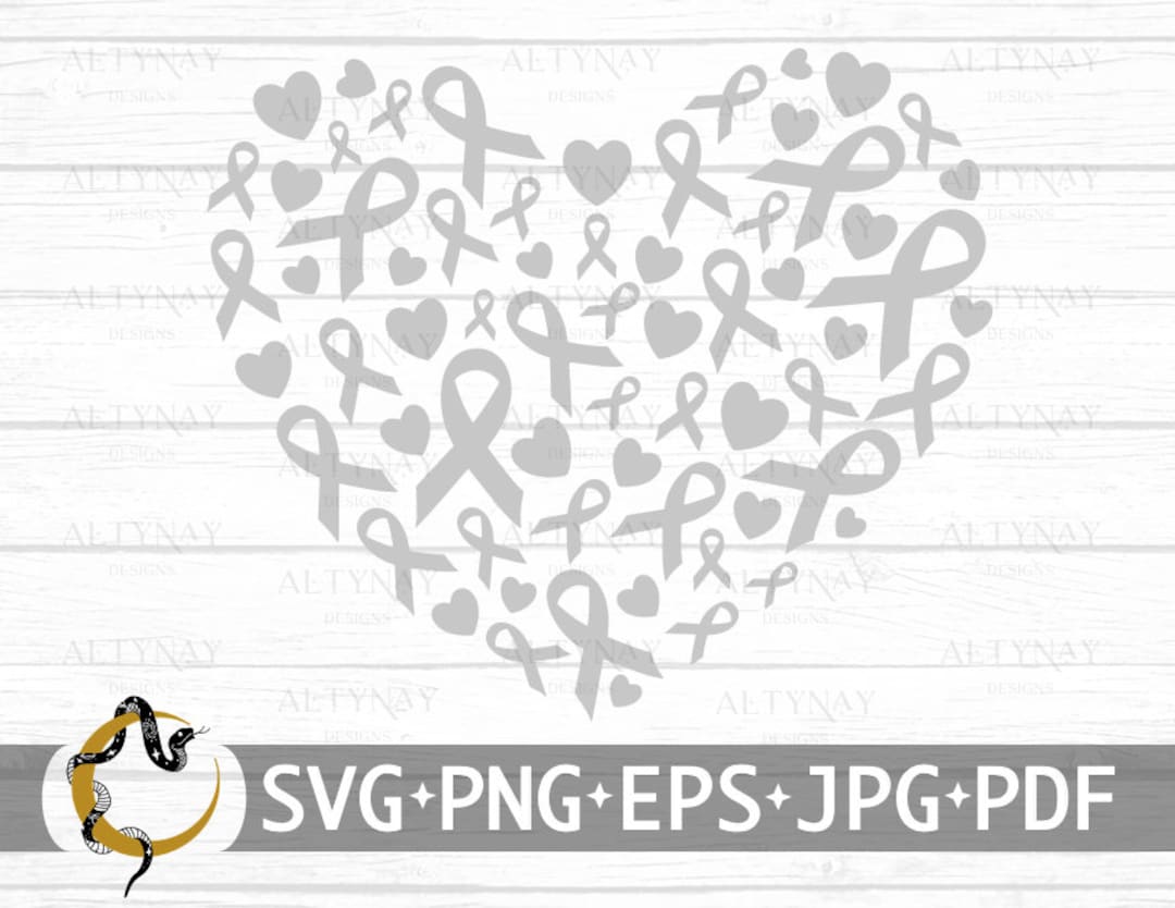 Brain Cancer Heart Ribbon SVG, Ribbon Grey SVG, Brain Cancer Awareness ...