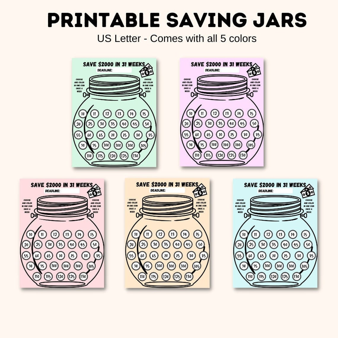 Weekly Savings Planner Printable and Digital With 5 Colors - Etsy