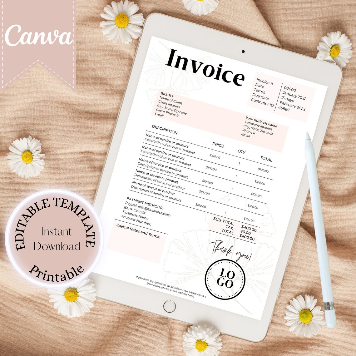 Editable Canva Invoice Template, Printable Invoice Template ...
