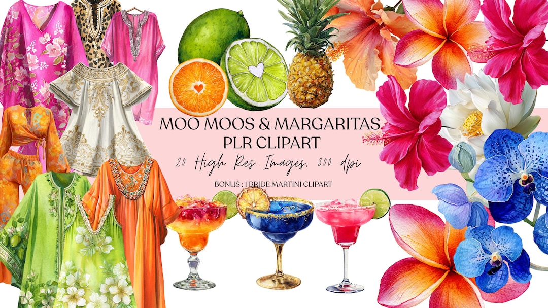 Moo Moos & Margaritas Clipart Bundle | PLR PNG | Tropical Dresses ...