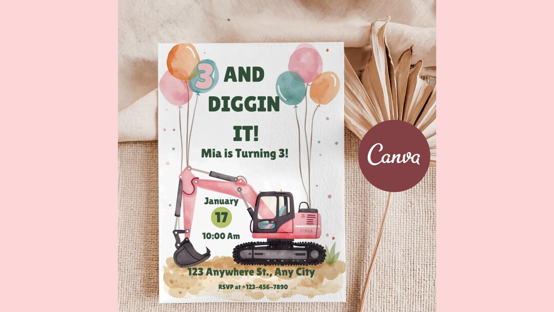 3 and Digging It Construction Invitation | Digger Truck Party Invite ...