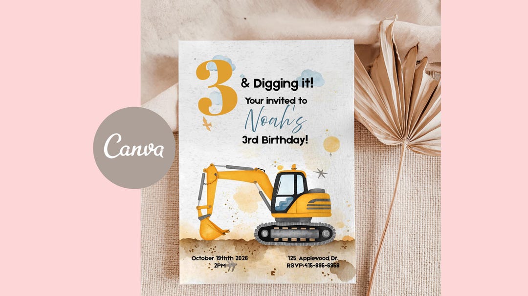 3 and Digging It Construction Invitation | Digger Truck Party Invite ...