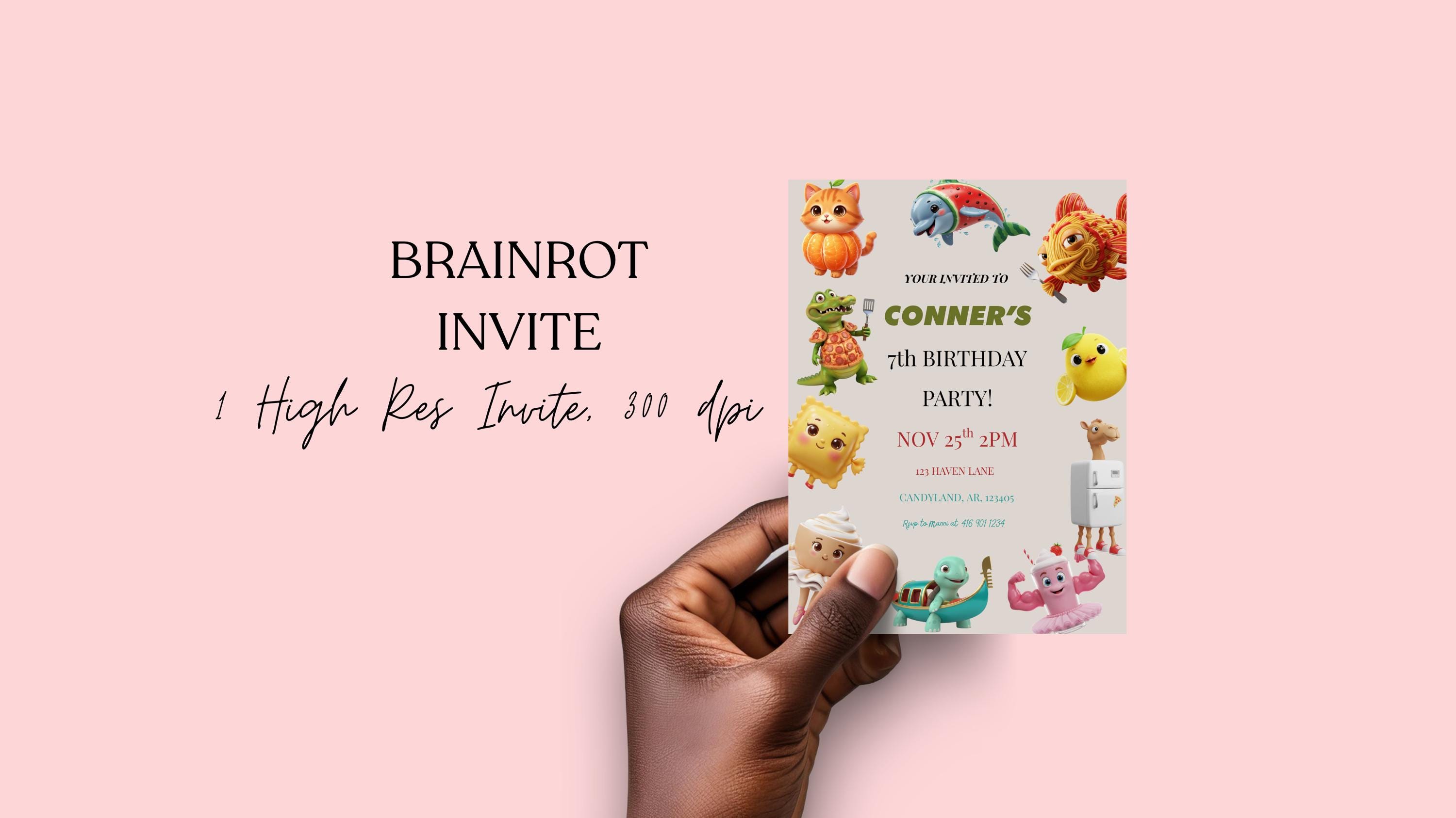 Brain Rot Birthday Invitation | Viral Cute Animal Food Character Invite ...
