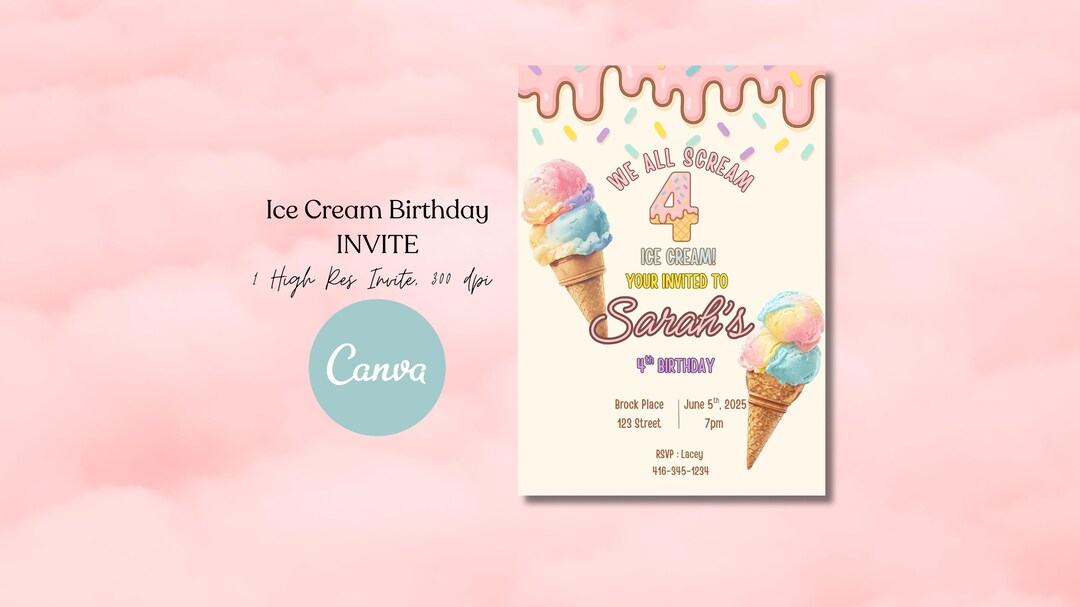We All Scream 4 Ice Cream Birthday Invite | Editable Canva Template ...