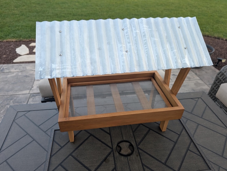 Deck Railing Platform Bird Feeder Wood W/ Corrugated Metal Roof and ...