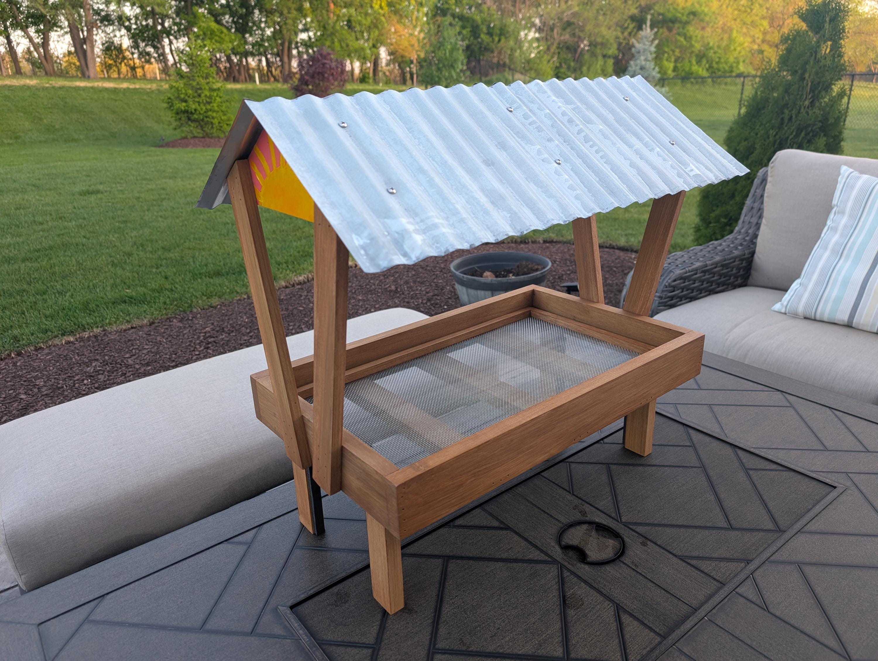 Deck Railing Platform Bird Feeder Wood W/ Corrugated Metal Roof and ...
