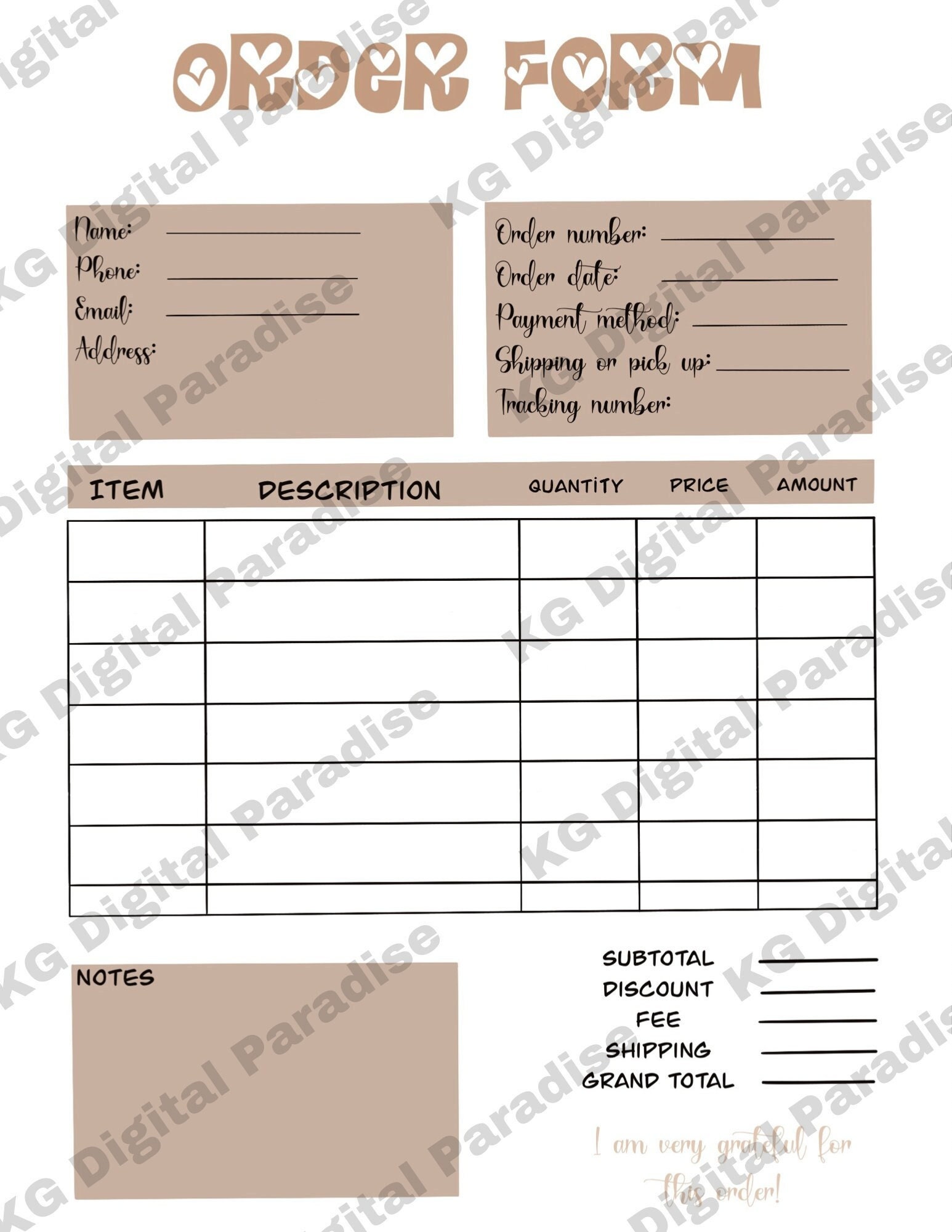 Order Form Digital File, Small Business Order Form, Order Form Template ...