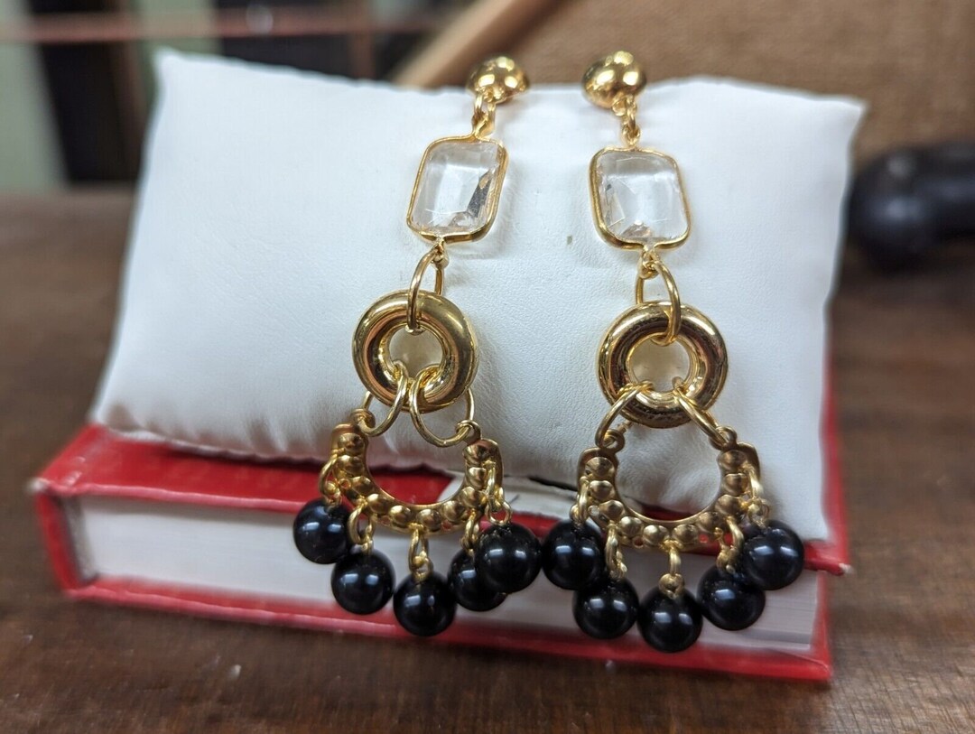 Retro Dead Stock Gold Tone Clear Stone Black Loop Dangle - Etsy
