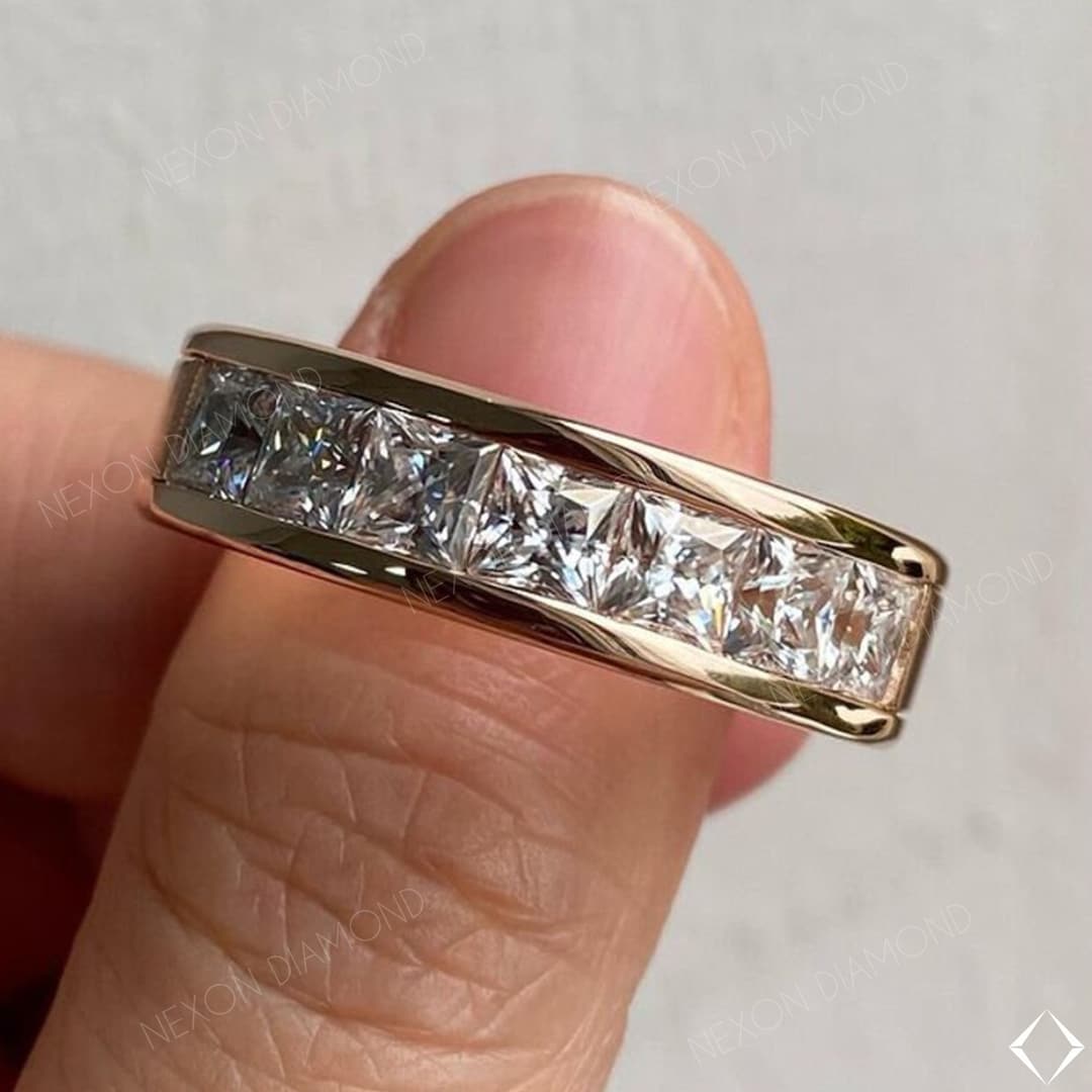 Channel Set Princess Cut Lab Grown Wedding Band Half Eternity Diamond Band Solid 14K Gold ...