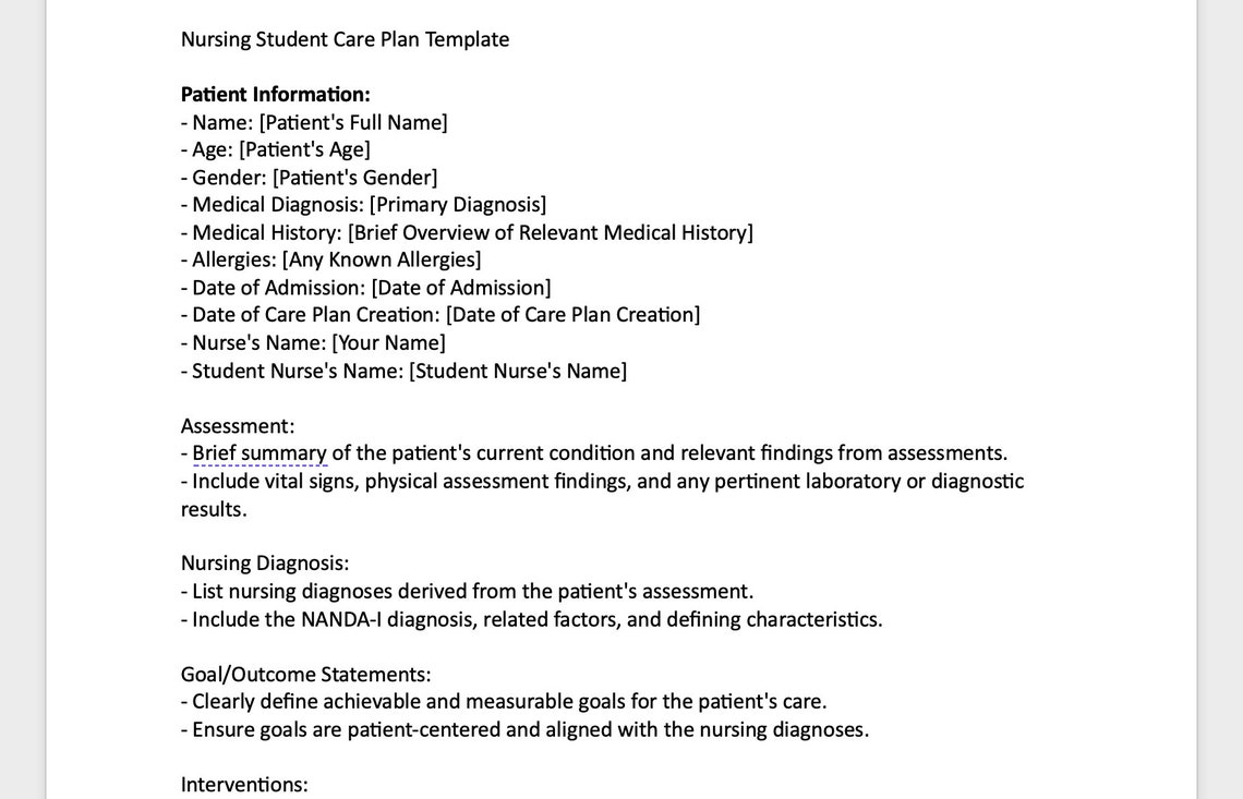 Comprehensive Nursing Care Plan Template With NANDA-I Diagnoses ...