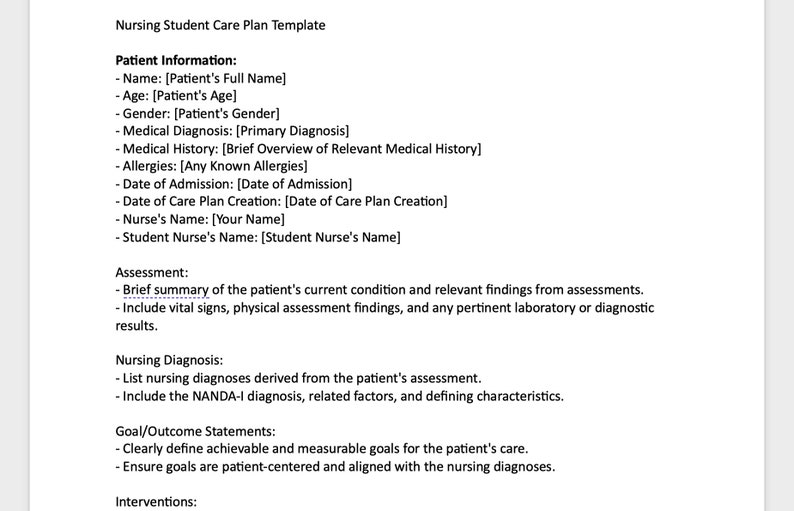 Comprehensive Nursing Care Plan Template With NANDA-I Diagnoses ...