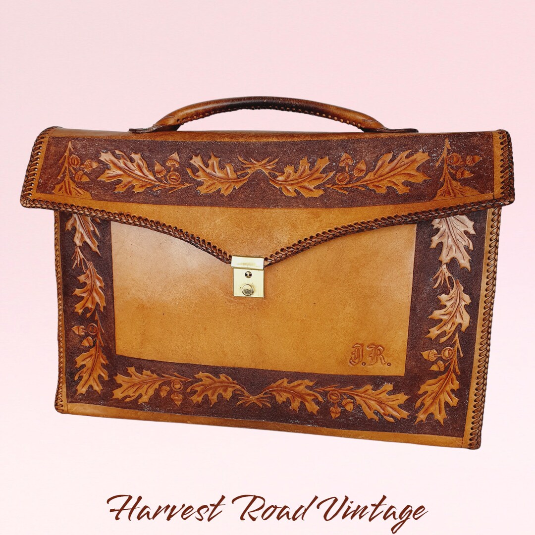 Vintage 70s Tooled Leather Laptop Bag Satchel With Personalized ...
