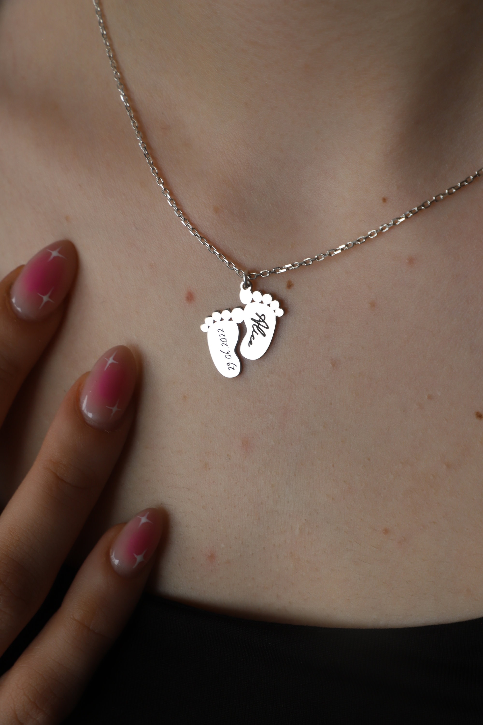 Sterling Silver Baby Feet Necklace: Personalized Name & Date Keepsake ...