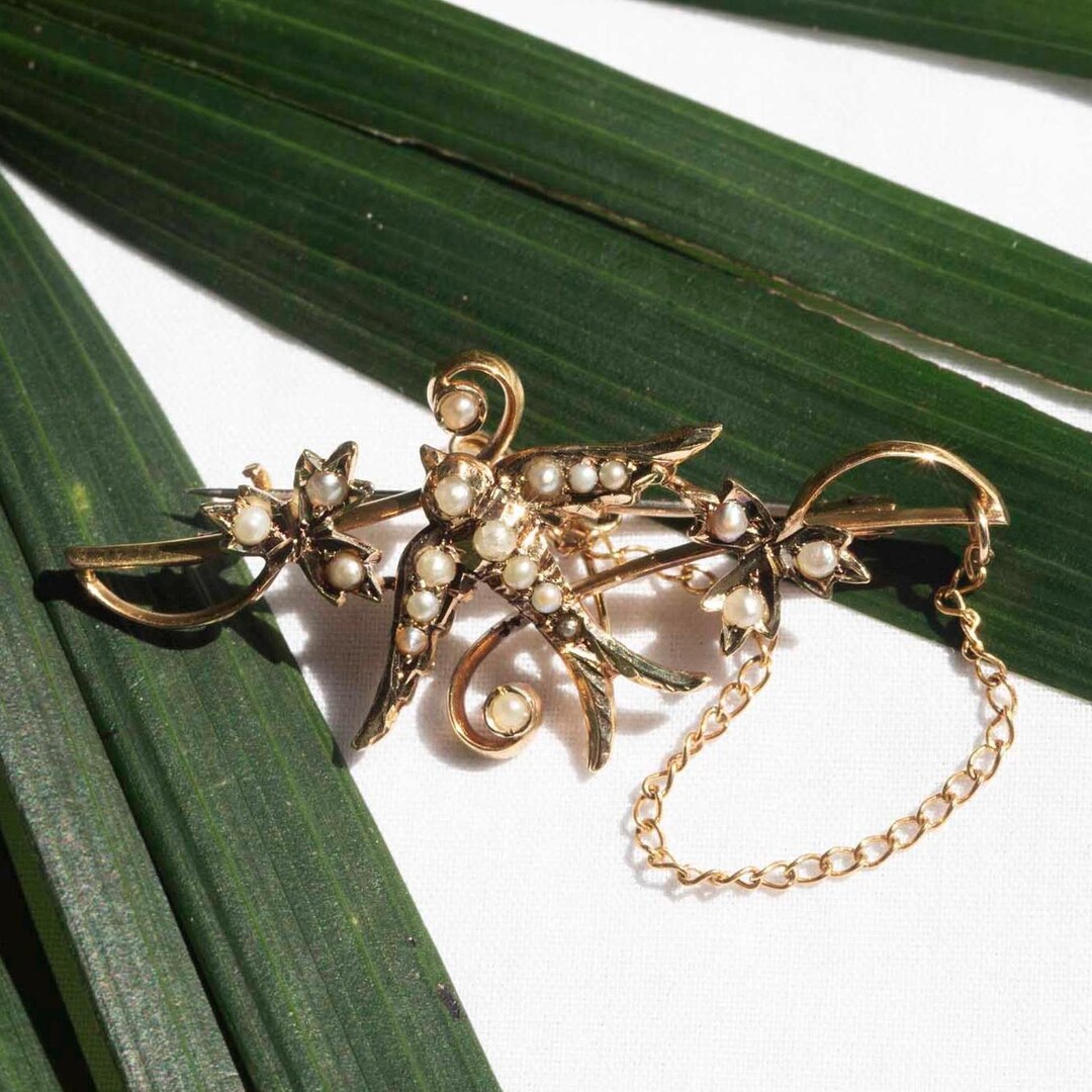 Antique Victorian Seed Pearl Nature Brooch | 15k Gold Early Australian ...
