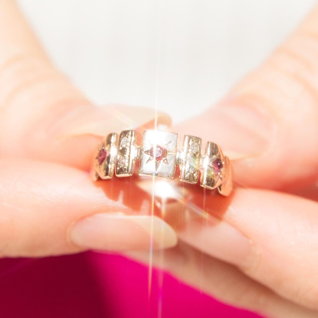 9K Gold Star Set Ruby & Diamond Band | Vintage 1940s Celestial Heirloom ...