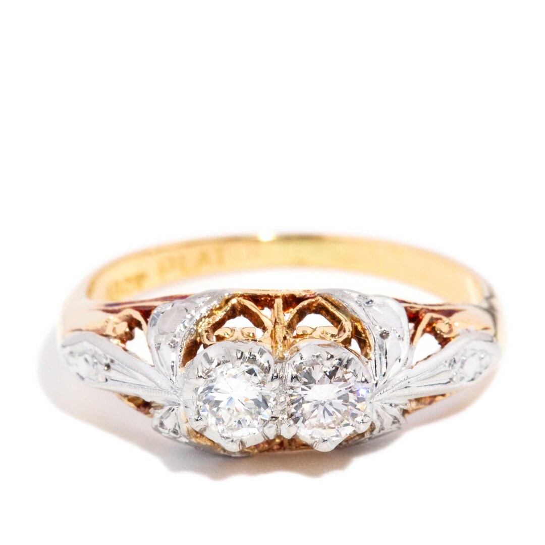 18K Gold Twin Diamond Ring – Vintage 1950s Two Stone Engagement Ring ...