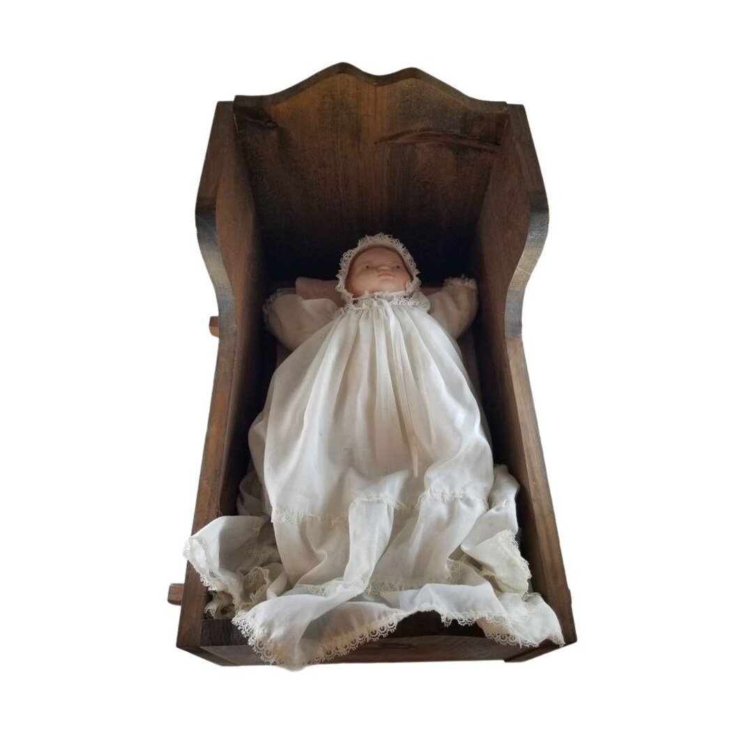 Vintage Baby Doll Handmade Wooden Cradle Crib W/music Box Rocking ...