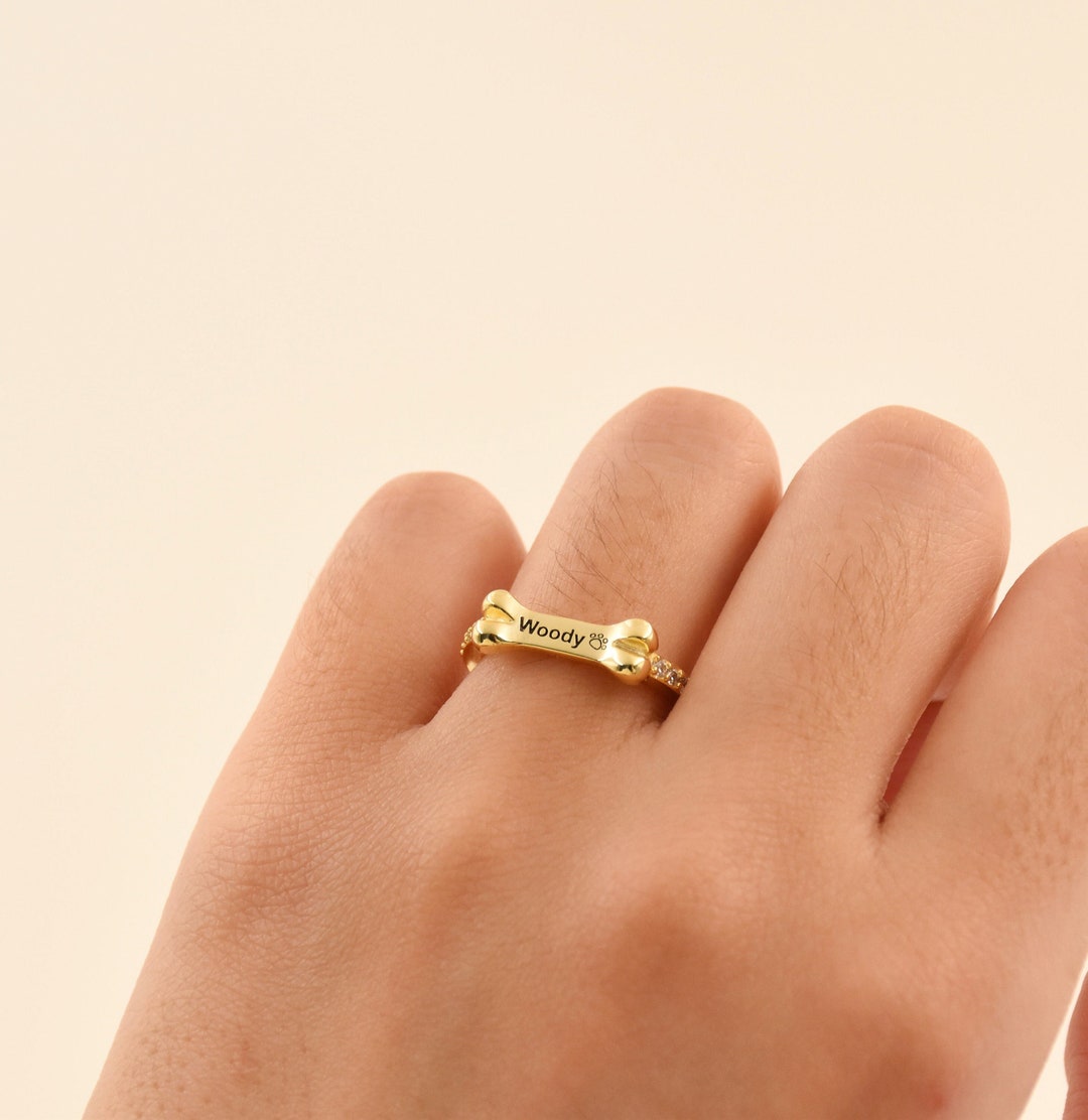 Custom Dog Bone Name Ring, Zircon Stone Dog Bone Ring, Engraved Pet ...