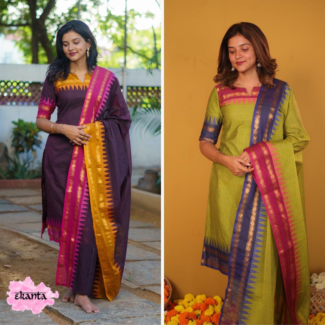 Traditional Chettinad Cotton Kurta Set With Dupatta | Designer Festive ...