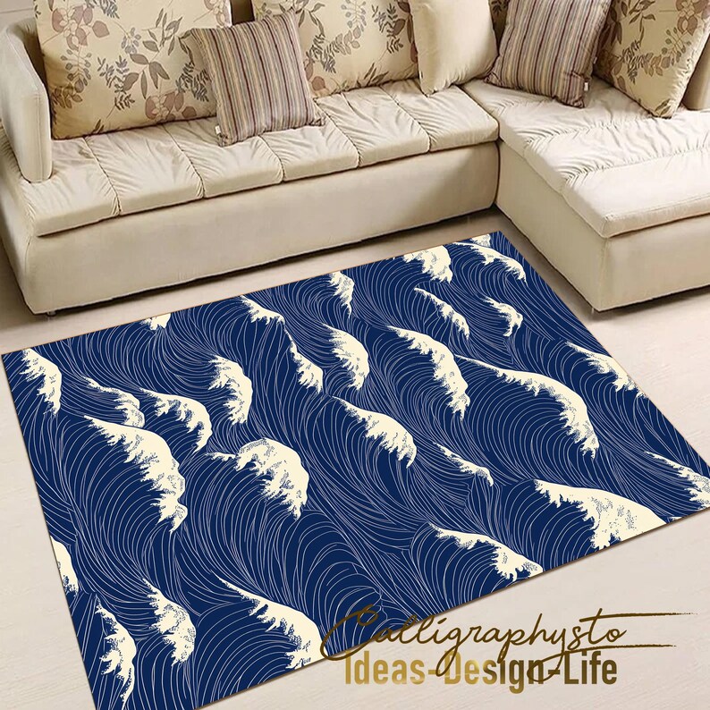 Japanese Wave Rug, Traditional Ocean Art, Minimalist Home Decor - Etsy