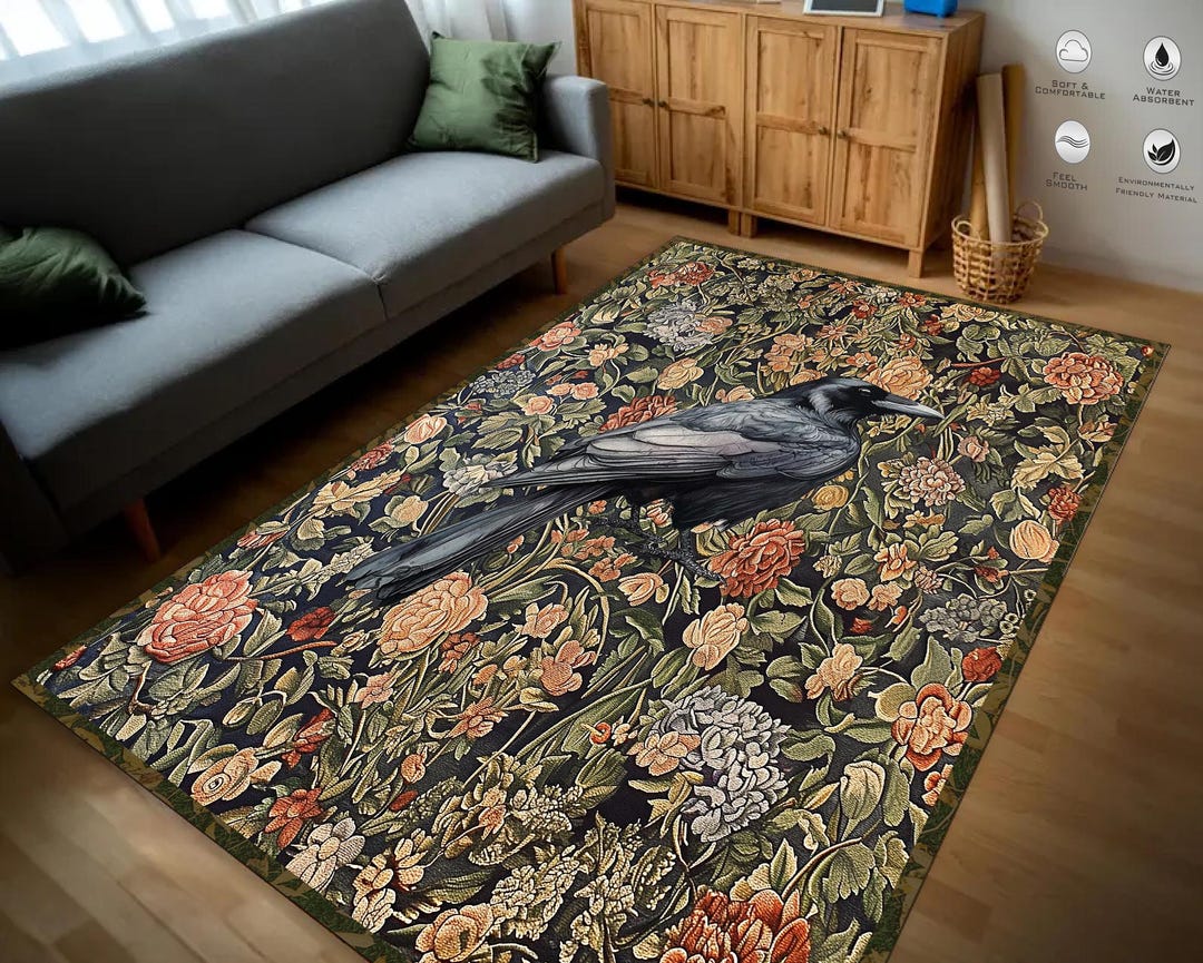 Raven Rug: Vintage Floral, Dark Academia, Goth Room Decor - Etsy