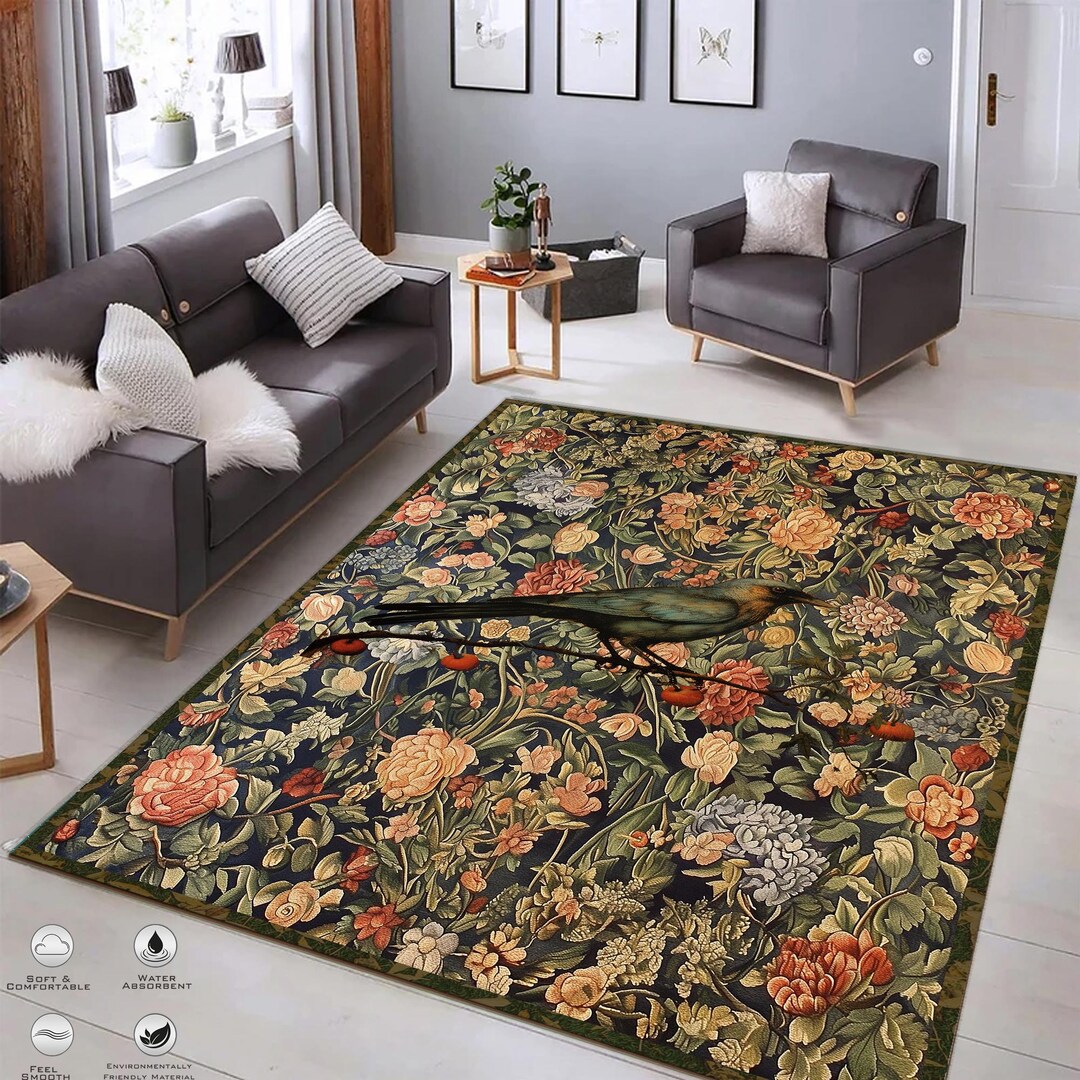Gothic Area Rug|dark Green Color Rug|flower Trees and Crow|medieval ...