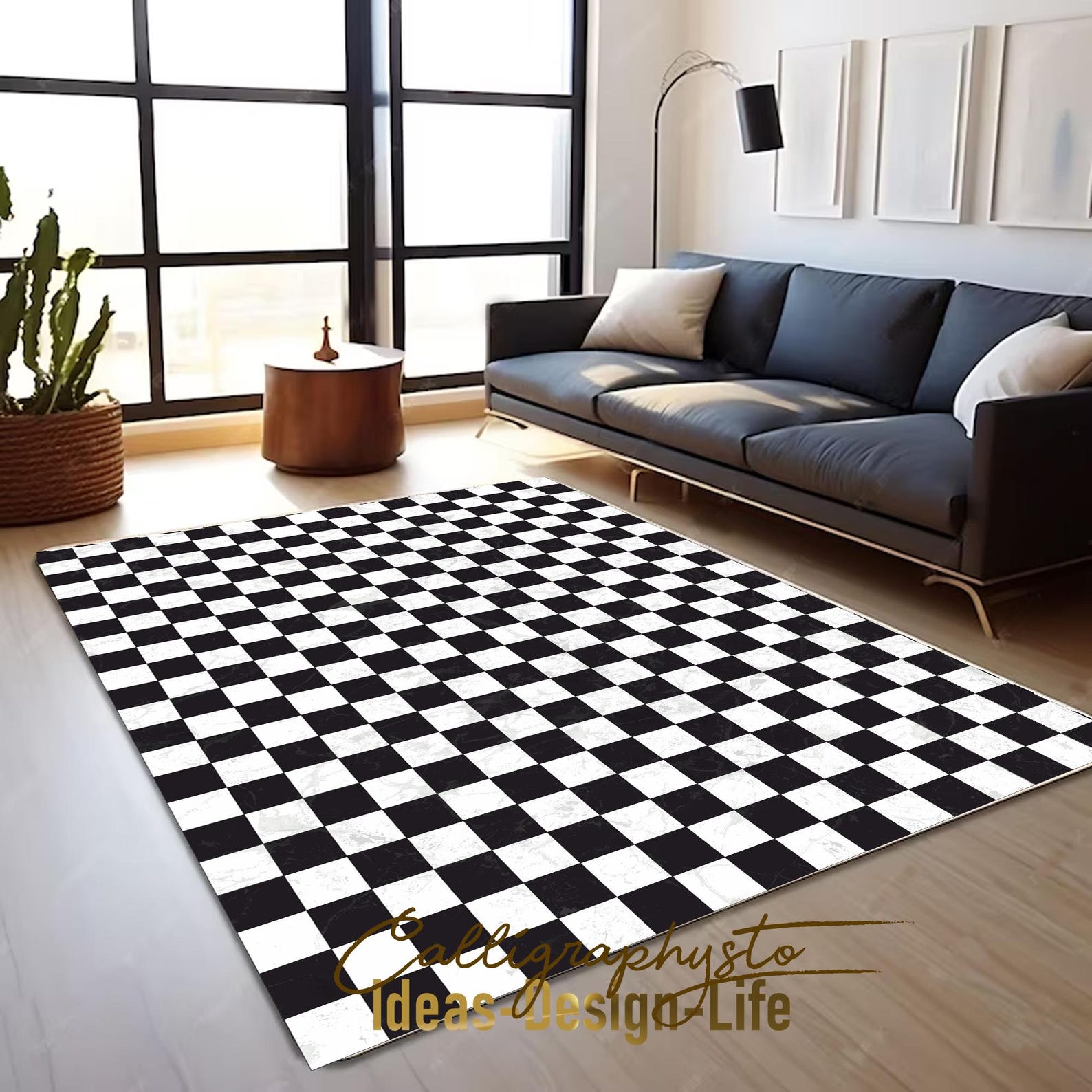 Printed Chick White & Black Checkered Area or Runner Rug Elegant ...