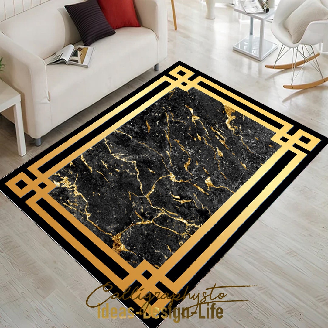 Black and Gold Marble Area Rug, for Living Room, Medusa Carpet, Greek ...