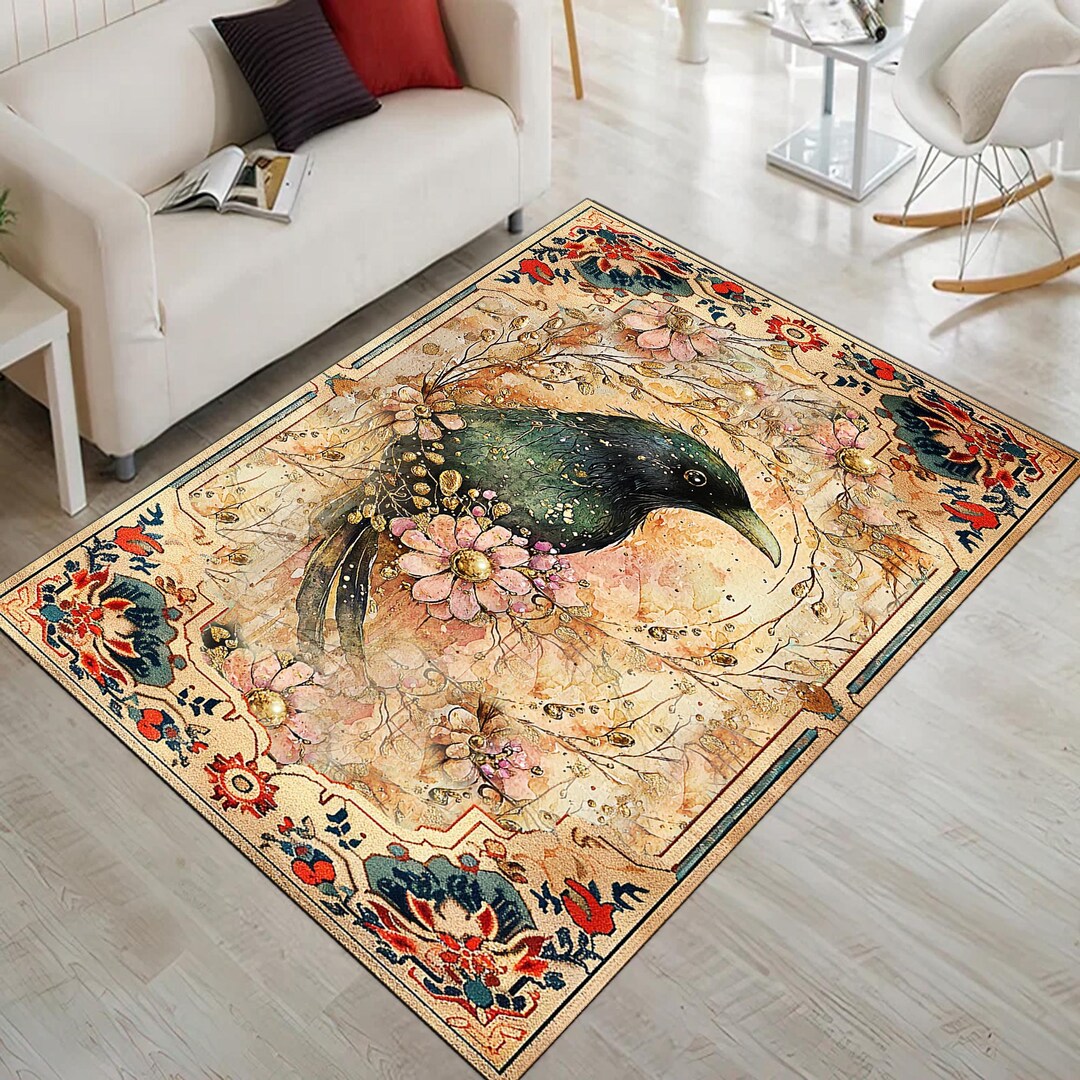 Raven Rug for Goth Room Decor, Crow Flower Rug With Vintage Look, Dark ...