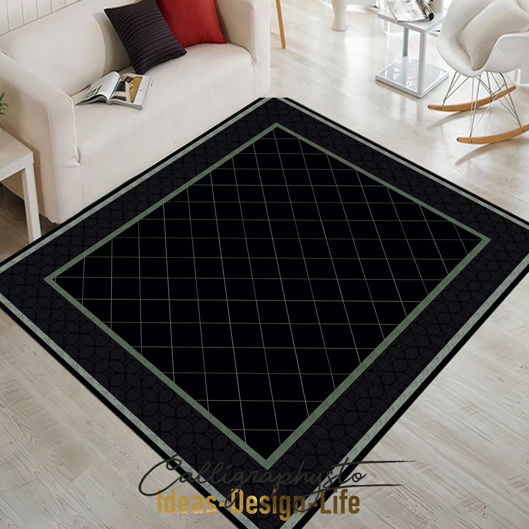 Large Black Grey Living Room Rug Bordered Design - Etsy