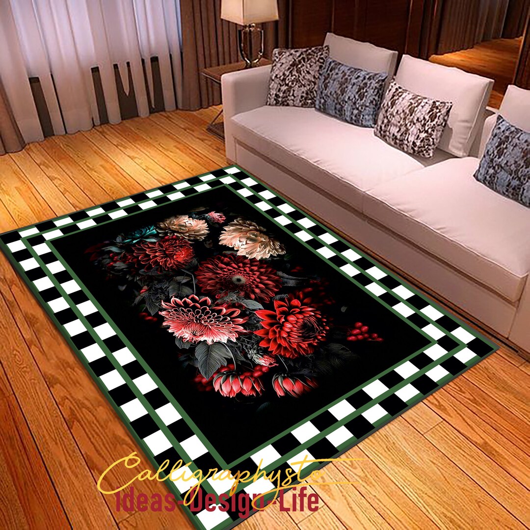 Check Area Rug - Black Floral Carpet - Greek Key Anti Slip Rug - Polka ...