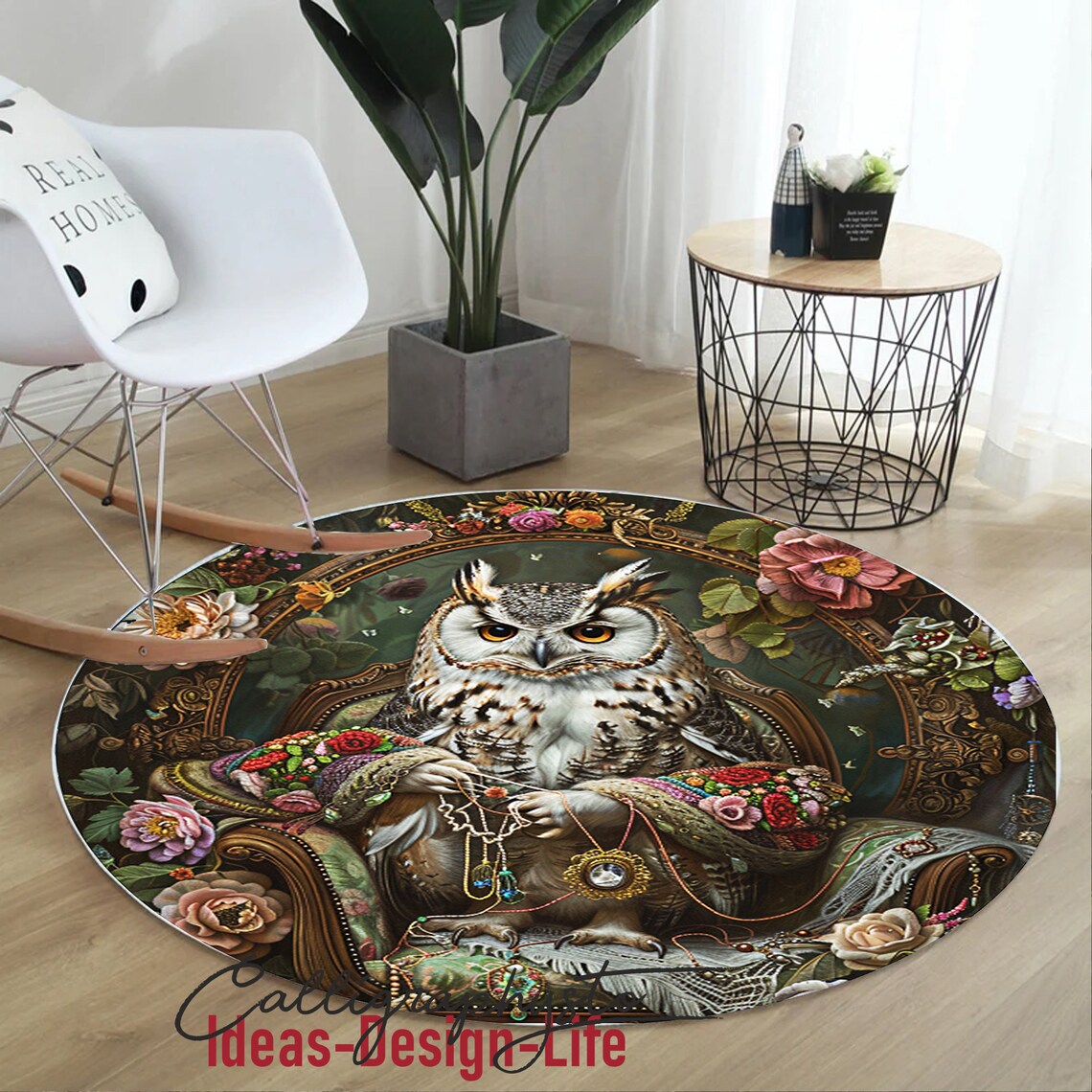 Owl King Round Rug, Gothic Themed King Owl Throne, Polyester Washable ...