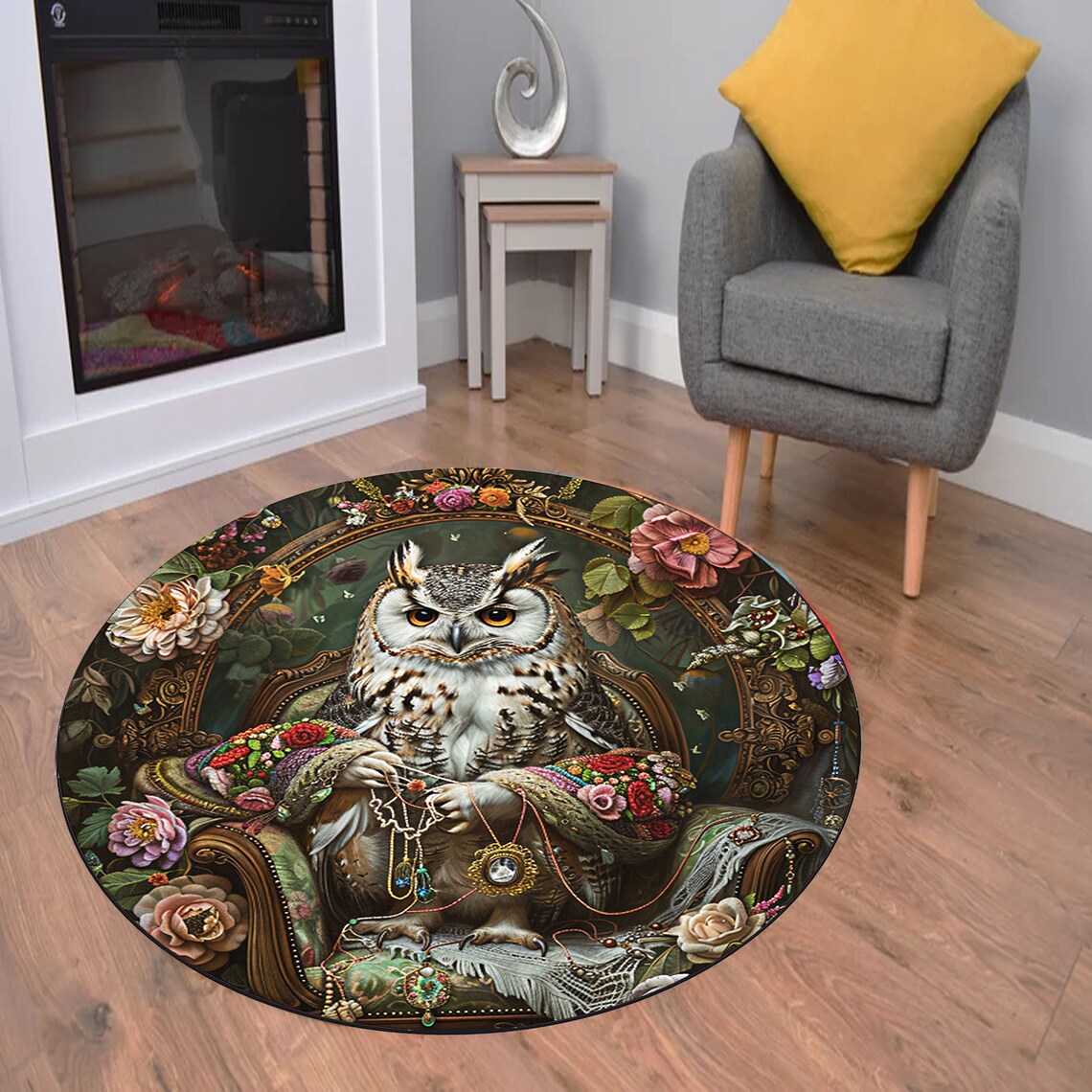Owl King Round Rug, Gothic Themed King Owl Throne, Polyester Washable ...