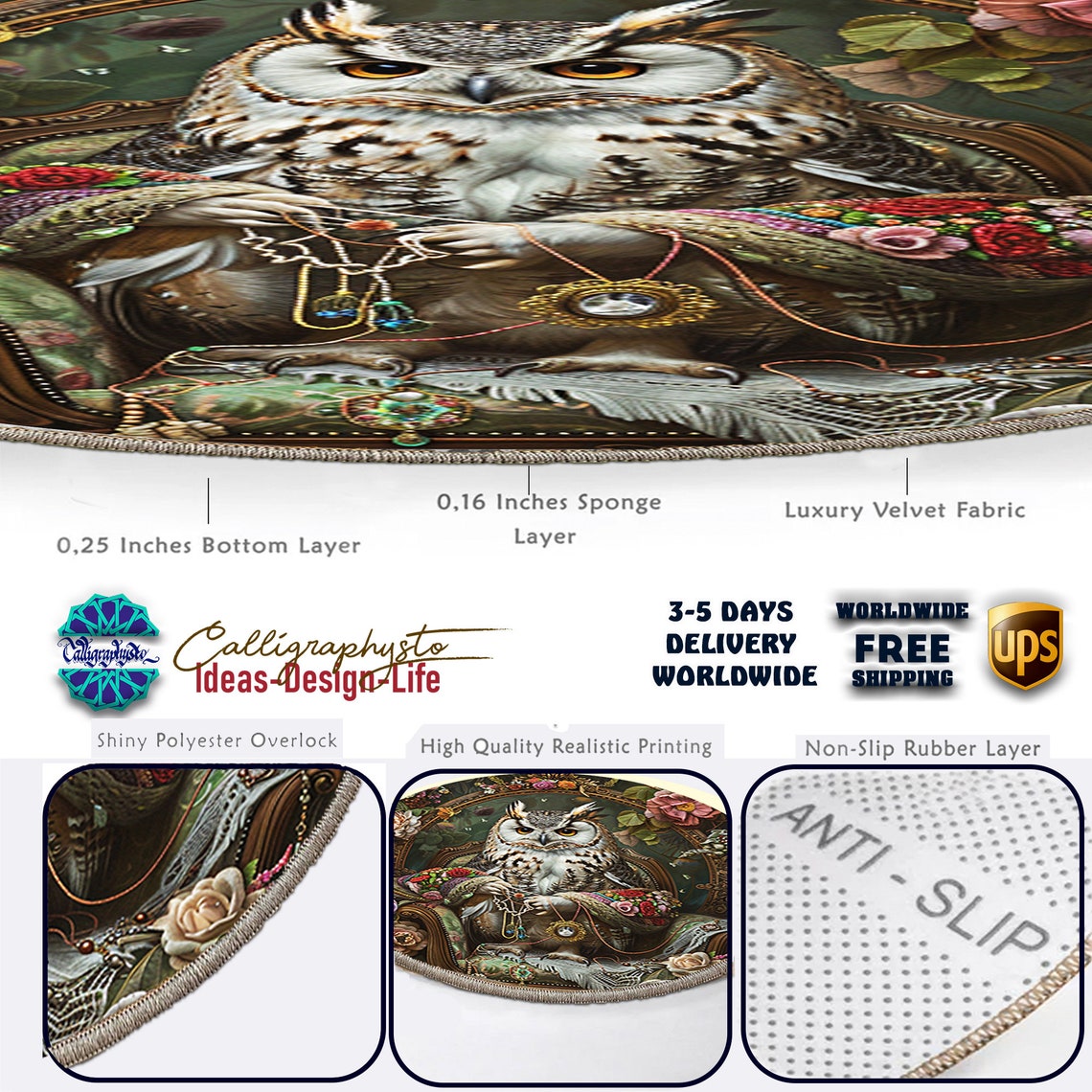 Owl King Round Rug, Gothic Themed King Owl Throne, Polyester Washable ...