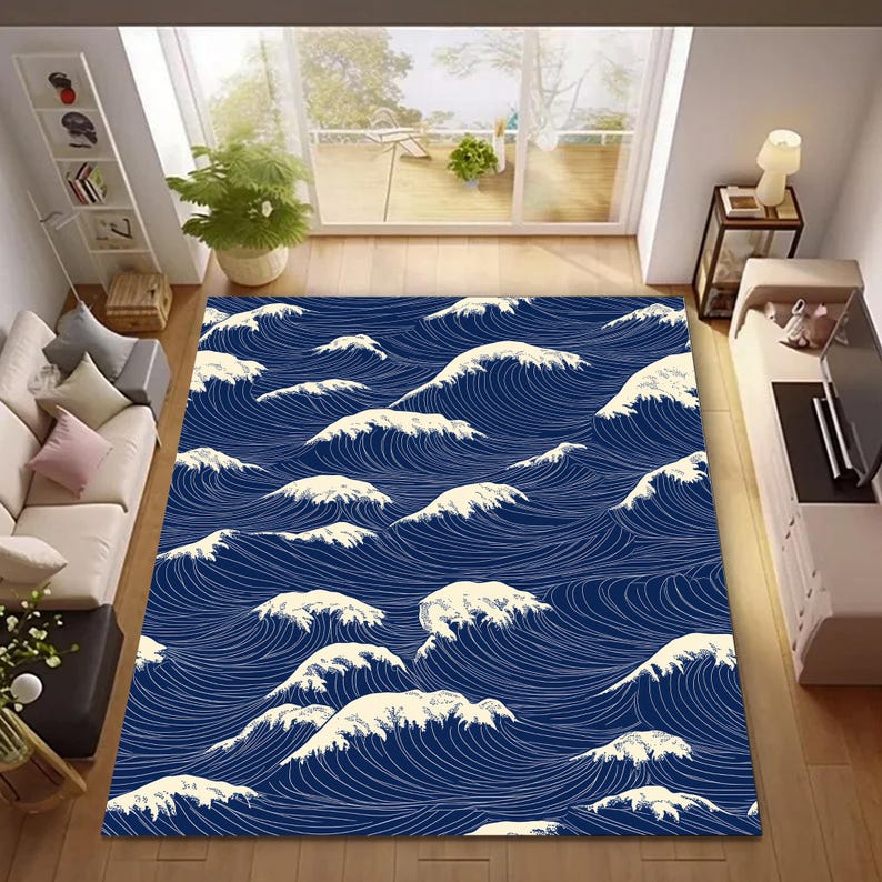 Japanese Wave Rug, Traditional Ocean Art, Minimalist Home Decor - Etsy