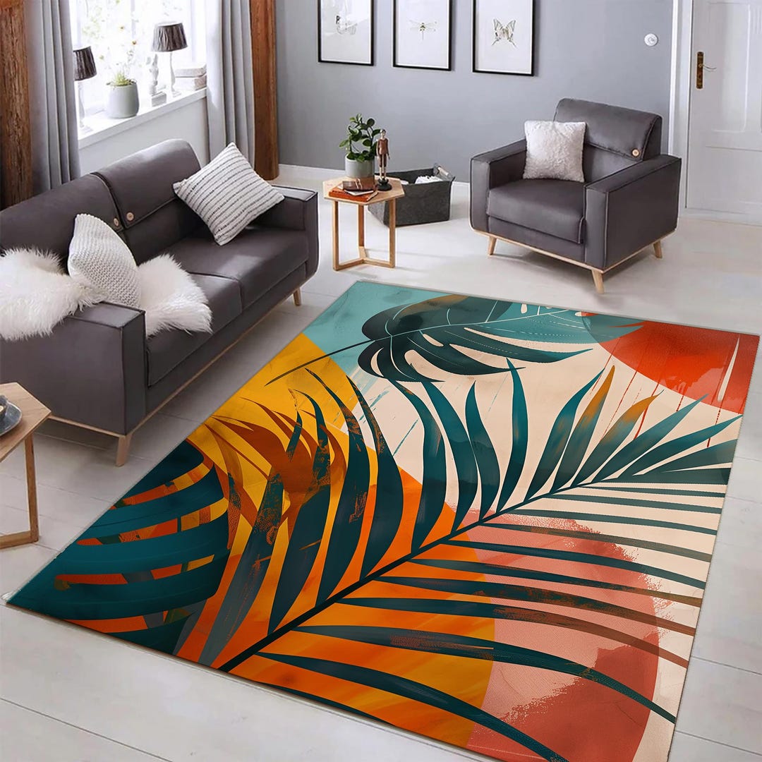 Green Palm Leaf Area Rug - Exotic Tropical Floral Floor Mat for Living ...