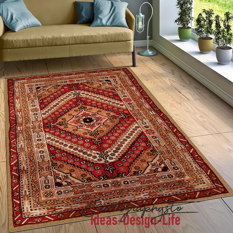 Red Afghan Rug, 6x9 Area Rug, Rustic Decor, Bold Red Rug, 5x8 Rugs ...