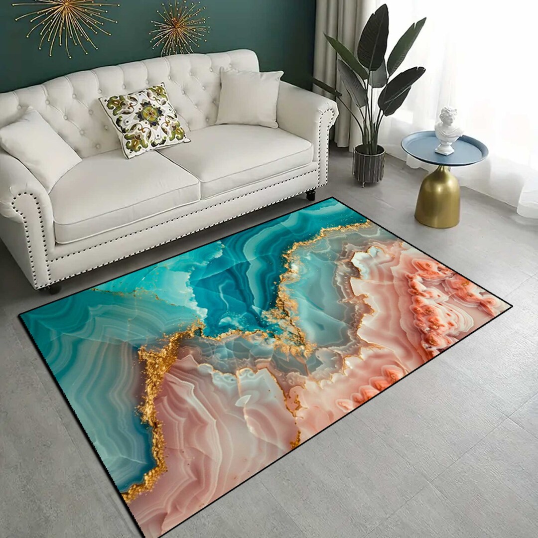 Luxury Gold Gilt Area Rug With Pink and Green Marble Design - Washable ...