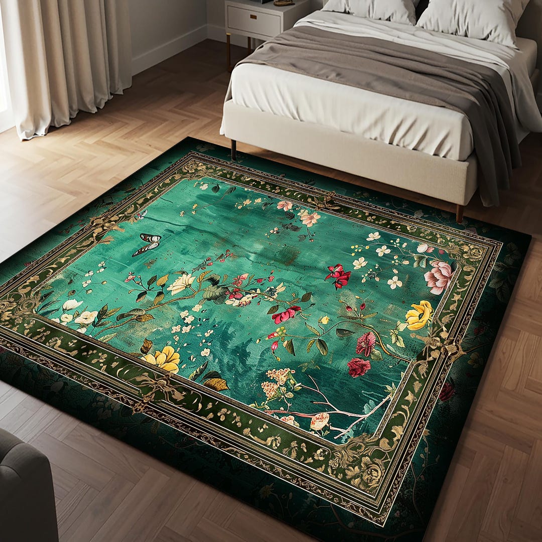 Gothic Green Area Rug: Medieval Flower, Bird, Damascus Art - Etsy