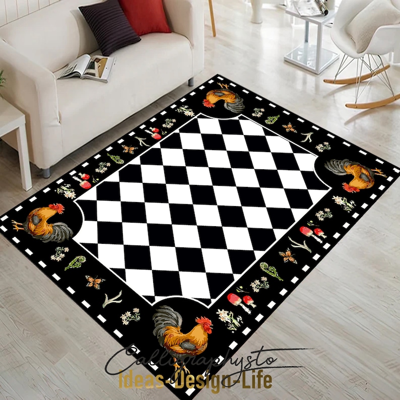 Rustic Area Rug|black Chicken Runner|farm Non Slip Carpet|rooster Floor ...