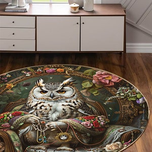 Owl King Round Rug, Gothic Themed King Owl Throne, Polyester Washable ...