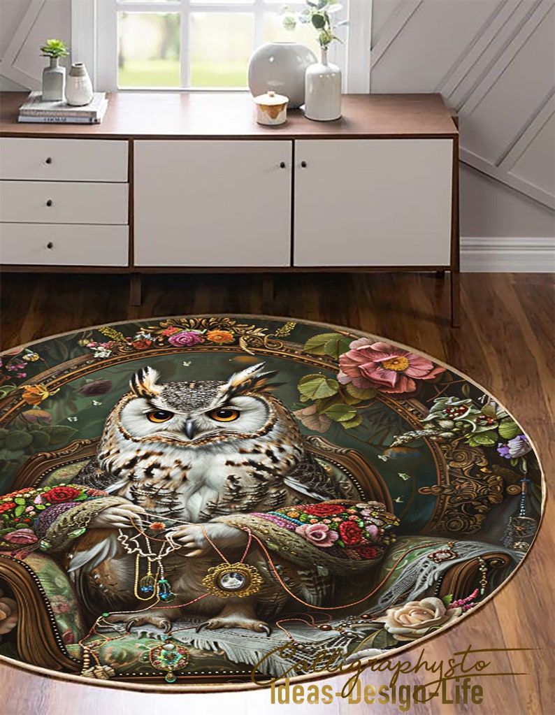 Owl King Round Rug, Gothic Themed King Owl Throne, Polyester Washable ...