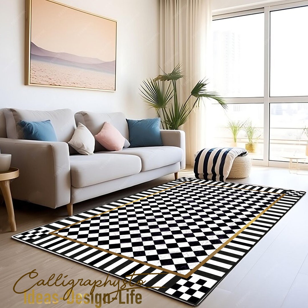 Diamond Area Rug|black Arugula Pattern Runner|non-slip Checkered Rug ...