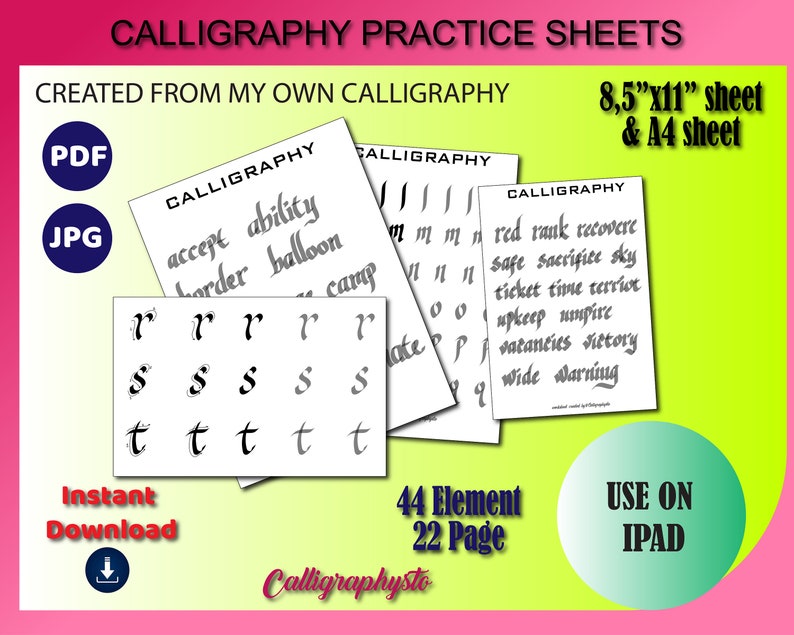 Caligrafía clásica / Hojas de práctica de rotulación a mano / Alfabeto y palabras Minúsculas ...