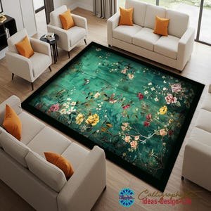 Gothic Green Area Rug: Medieval Flower, Bird, Damascus Art - Etsy