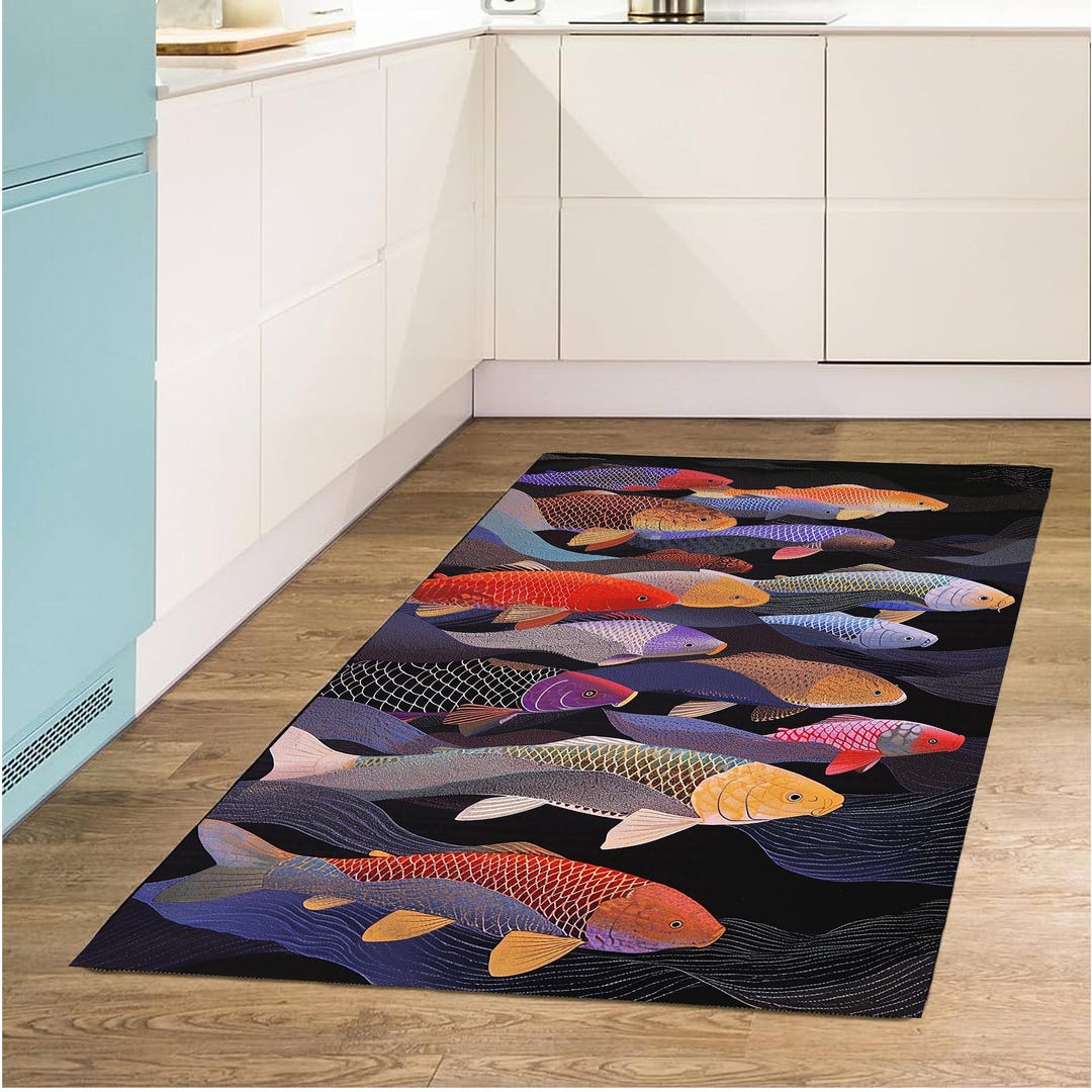 Kitchen Rug: Blue Fish Print - Non-slip and Machine Washable - Etsy