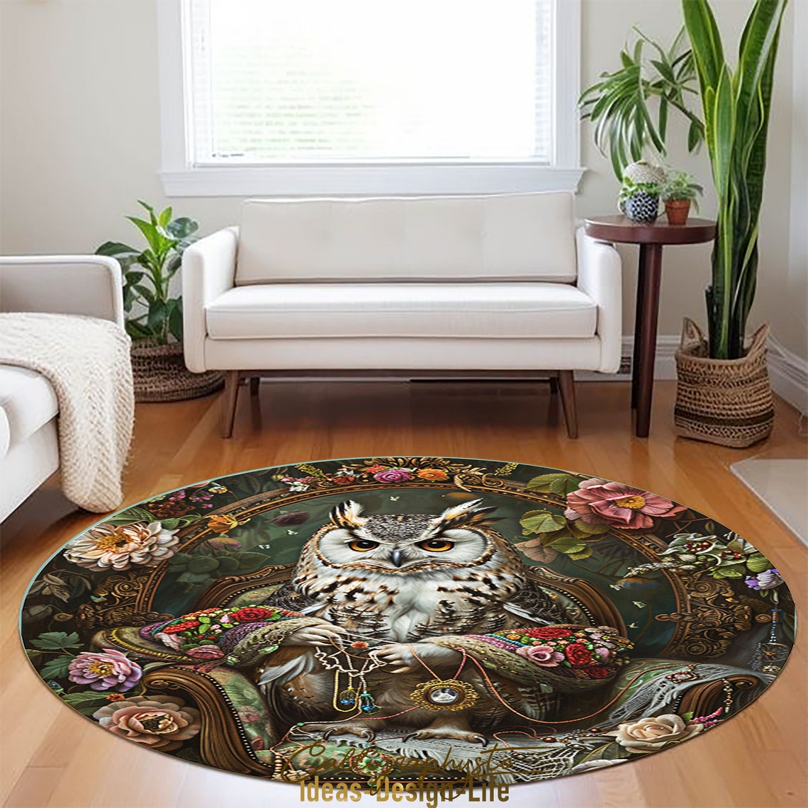 Owl King Round Rug, Gothic Themed King Owl Throne, Polyester Washable ...