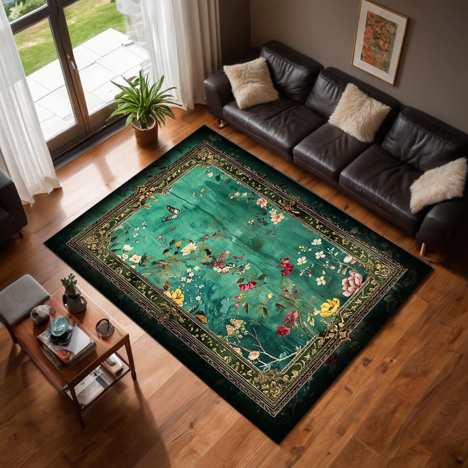 Gothic Green Area Rug: Medieval Flower, Bird, Damascus Art - Etsy