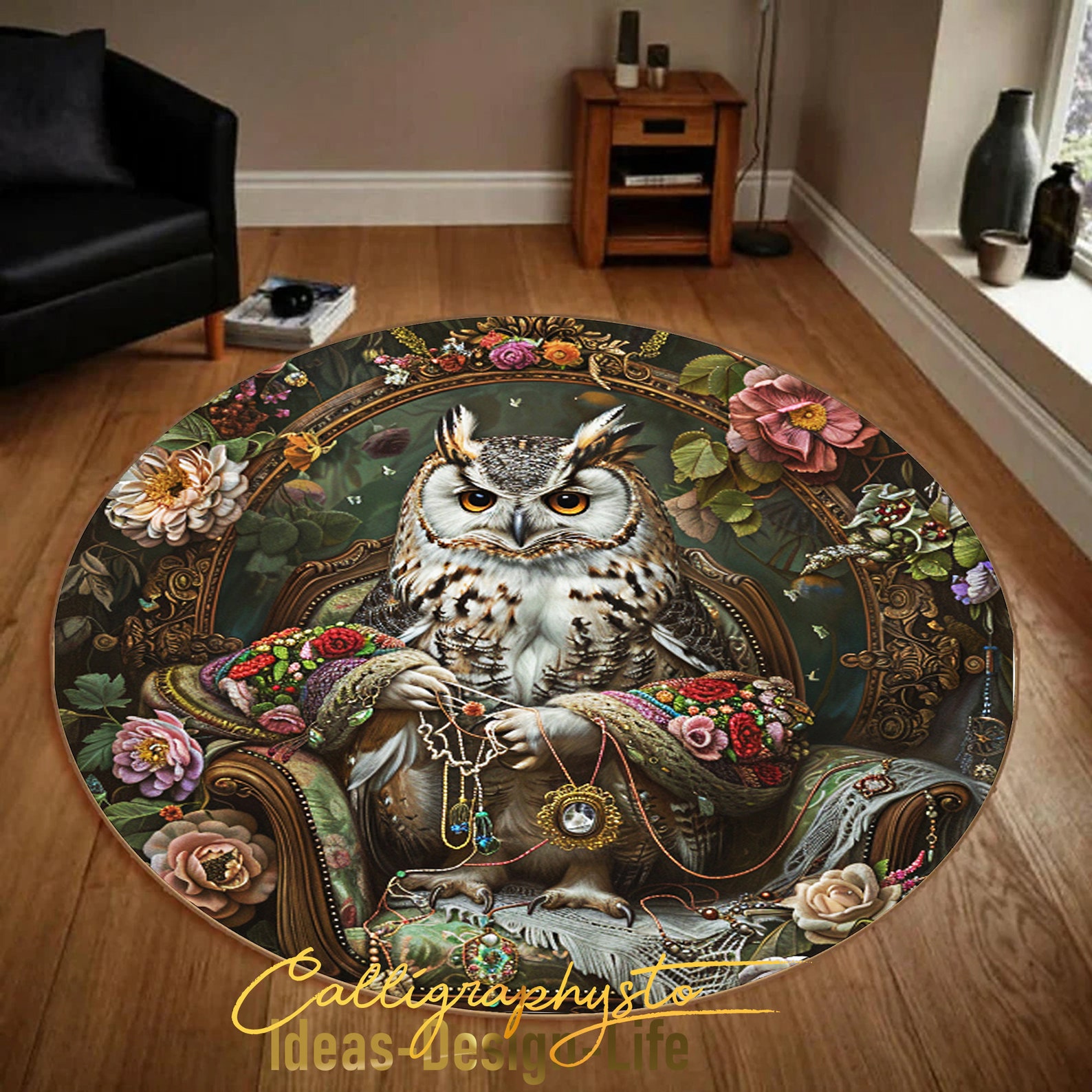 Owl King Round Rug, Gothic Themed King Owl Throne, Polyester Washable ...